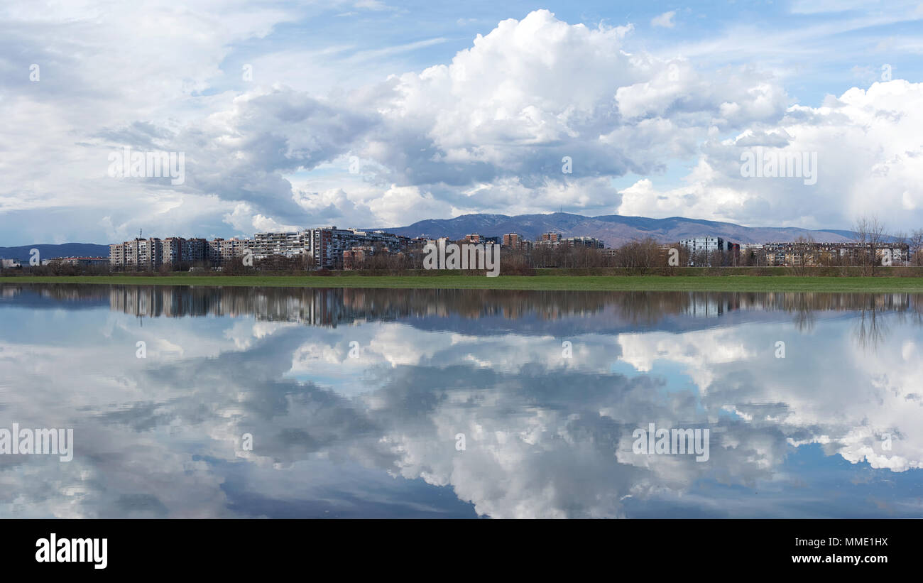 Zagreb city skyline across river Sava and with mountain Medvednica in ...
