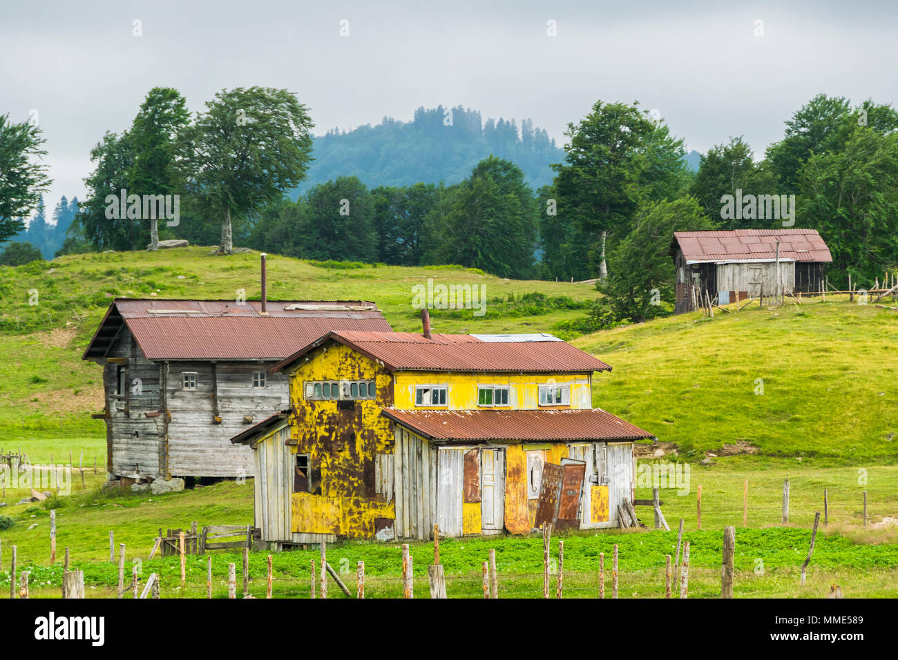 Yellow wooden house in georgian mountain Stock Photo - Alamy