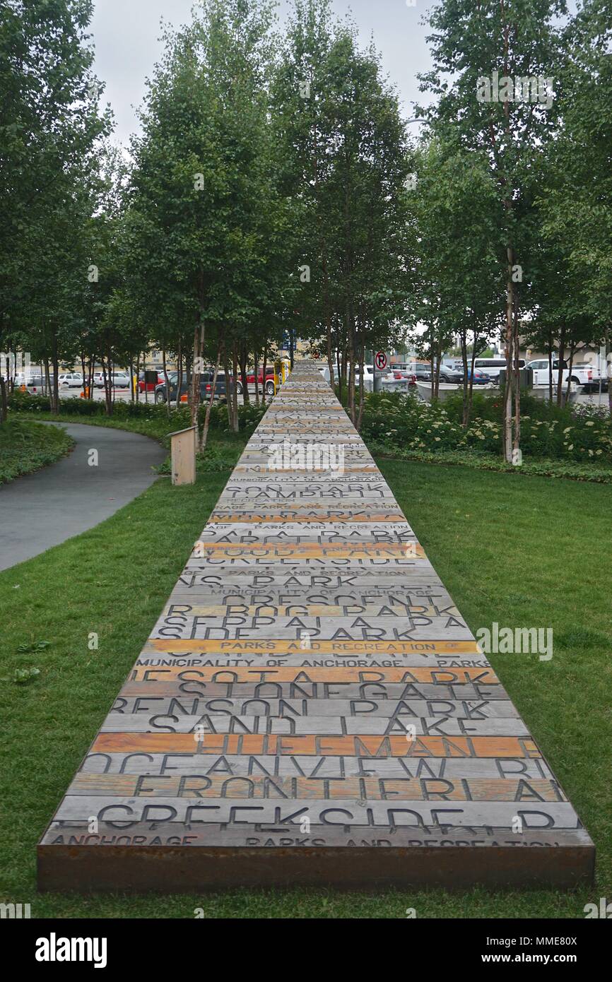 Anchorage, Alaska: A sculpture created from discarded park signs greets ...