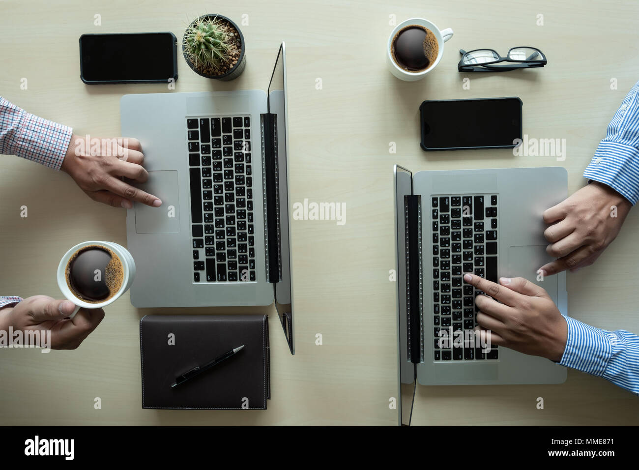 Overhead View top view man Working Desk Concept Stock Photo - Alamy