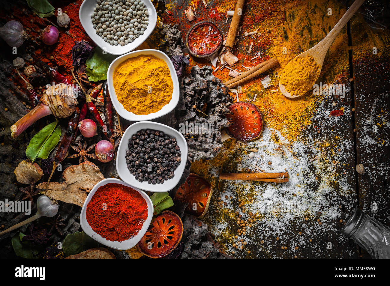 Selection of spices herbs and ingredients for cooking, Food background ...
