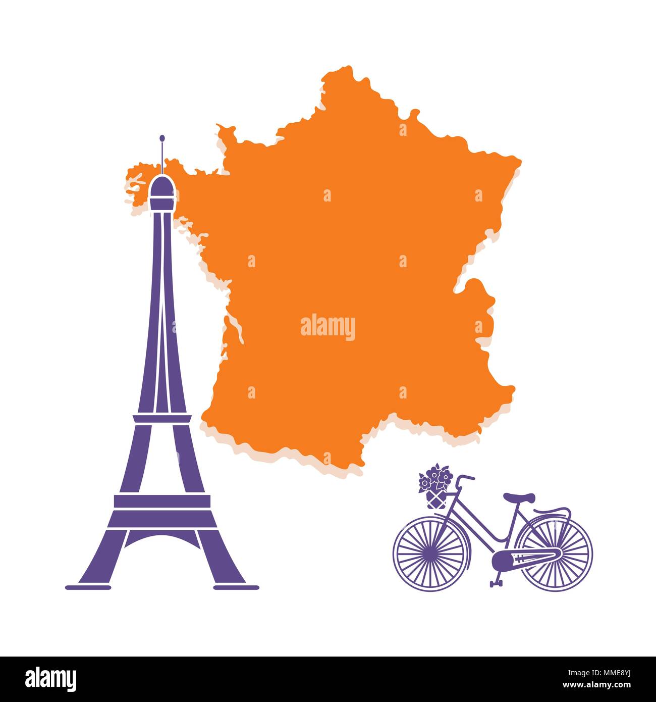 Map of France, famous tower of Paris, bicycle with a basket of flowers ...