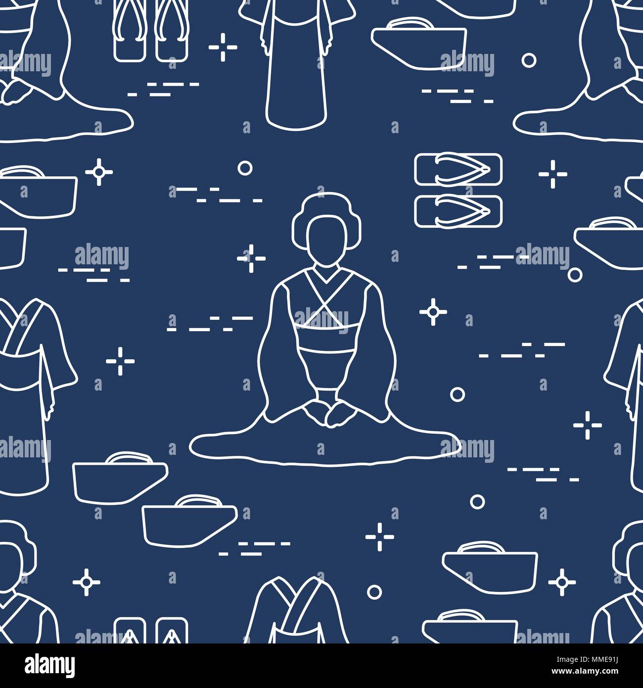 Seamless pattern with asian woman, traditional japanese clothing, shoes ...