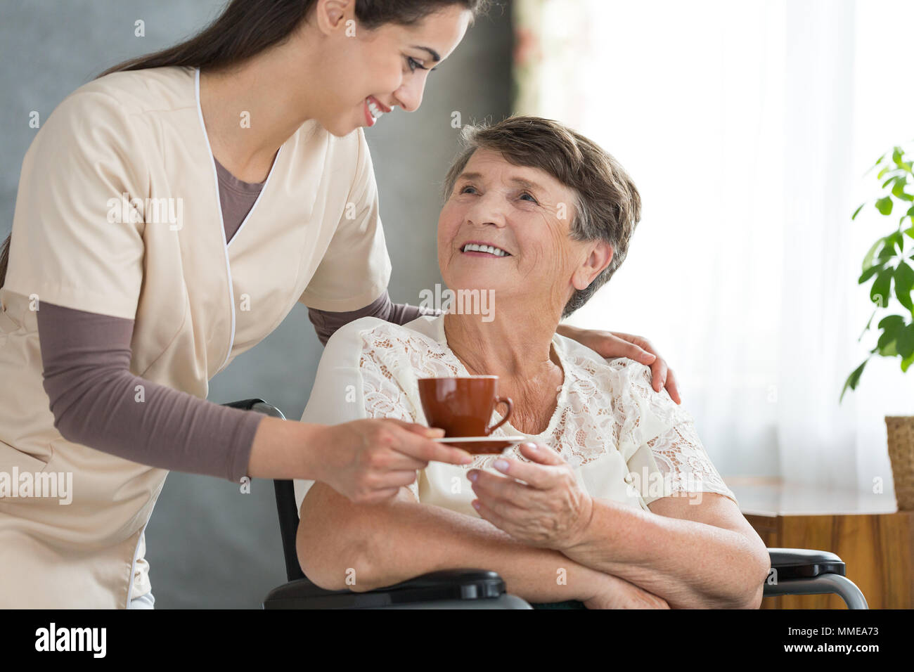 Young doctor bringing a cup of herbal tea to a happy patient resting ...