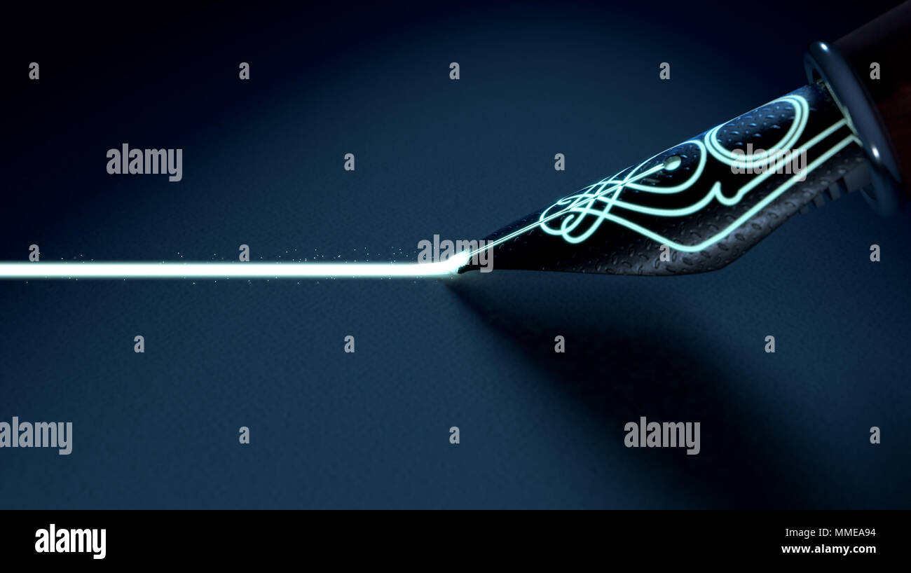 A closeup view of a futuristic fountain pen nib drawing a straight ink ...