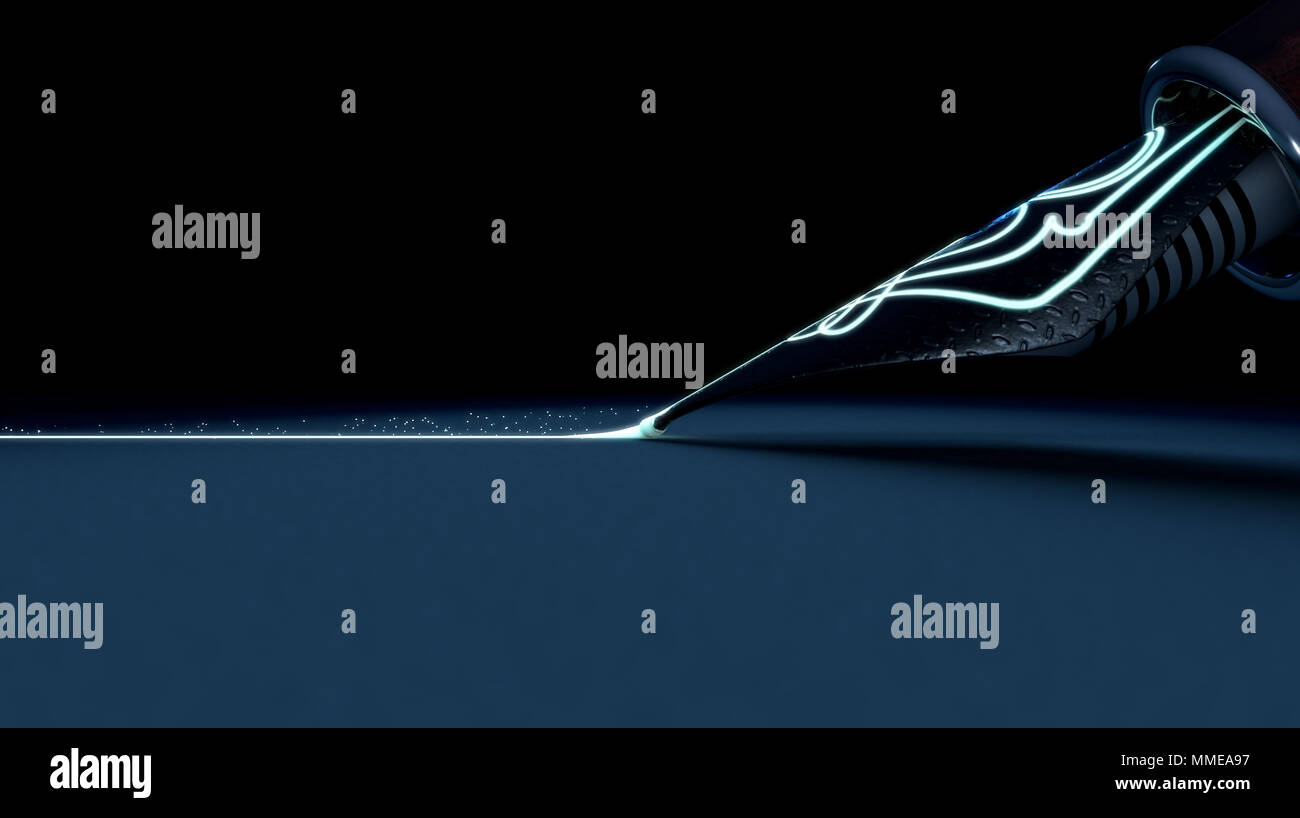 A closeup view of a futuristic fountain pen nib drawing a straight ink ...