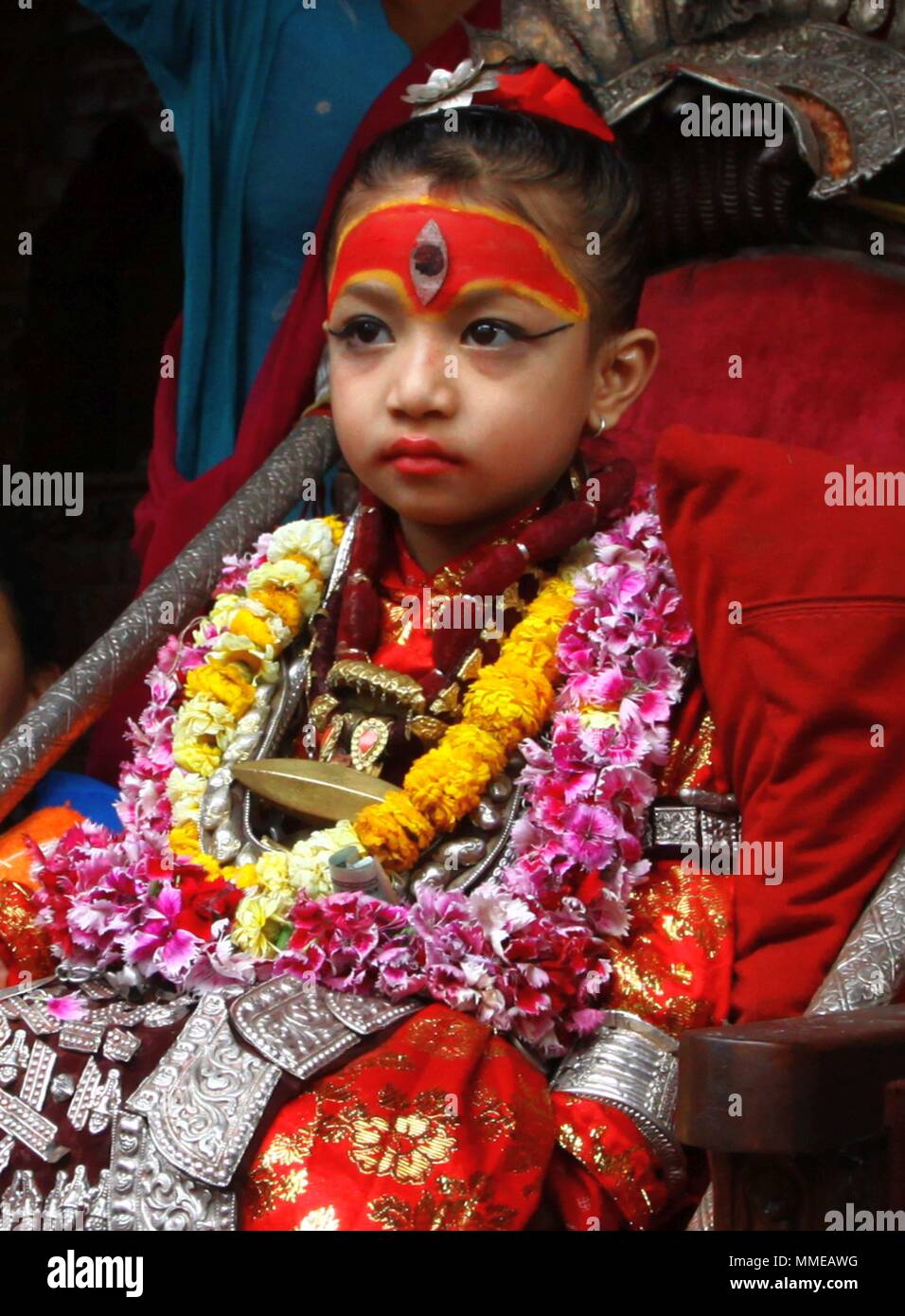Living Goddess Kumari observe the chariot procession during a month ...