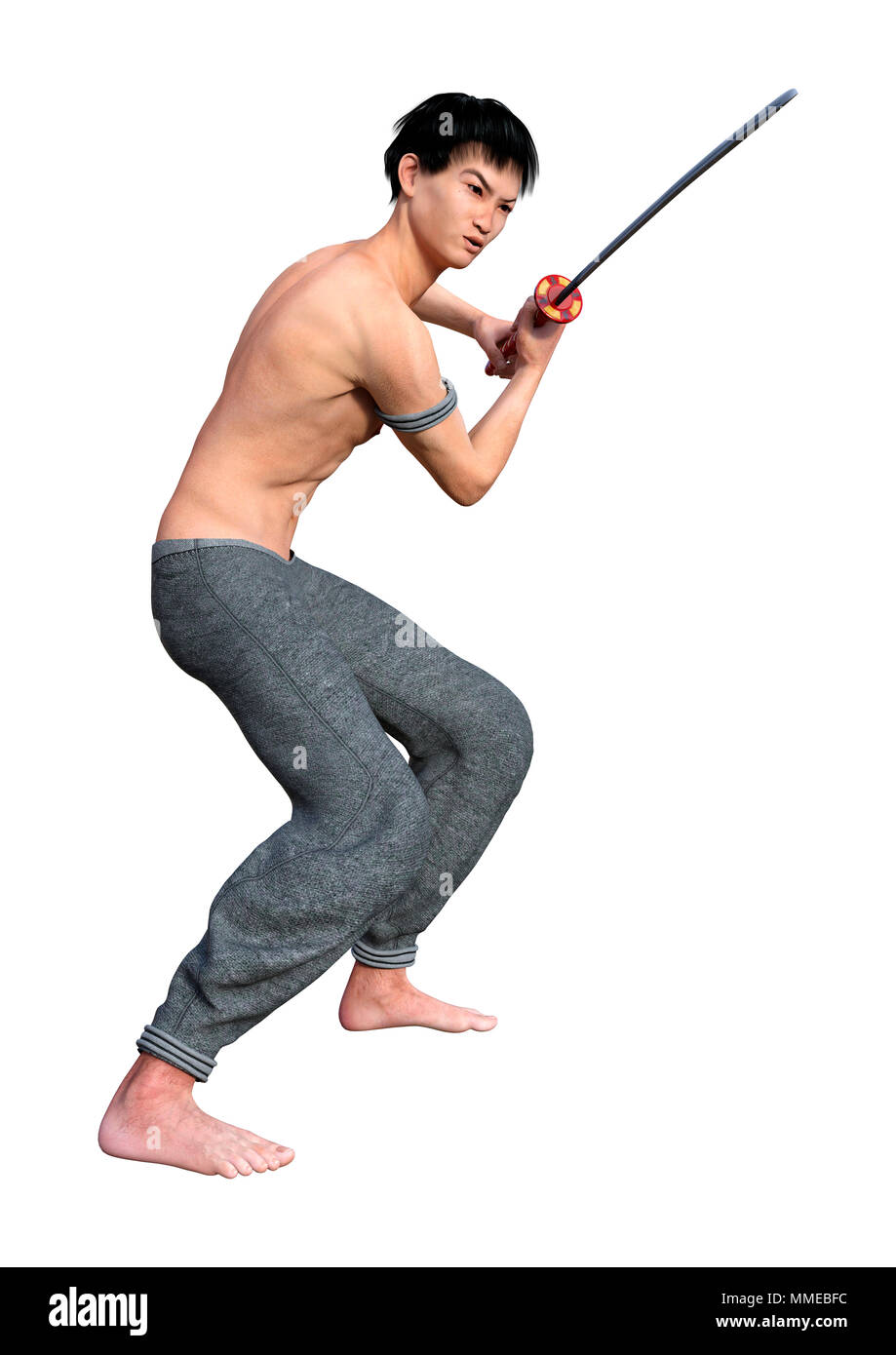 3D rendering of a fighting monk holding a sword isolated on white ...