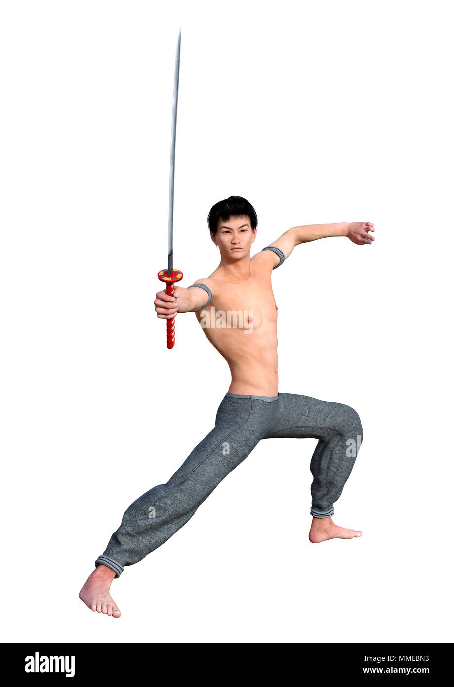 3D rendering of a fighting monk holding a sword isolated on white ...