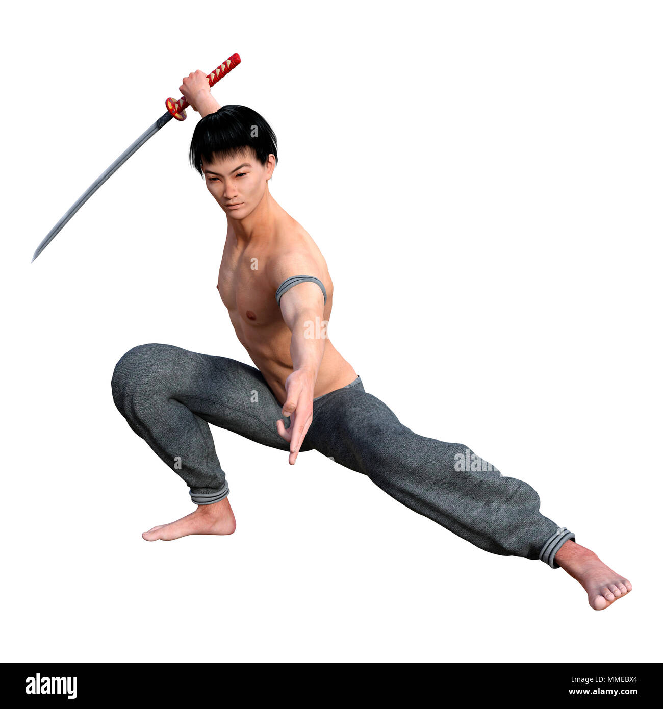 3D rendering of a fighting monk holding a sword isolated on white ...