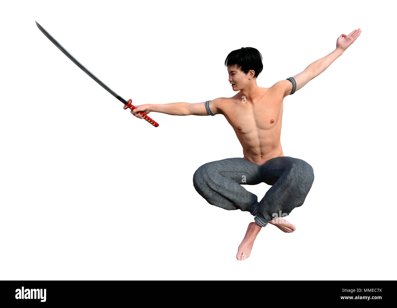3D rendering of a fighting monk holding a sword isolated on white ...