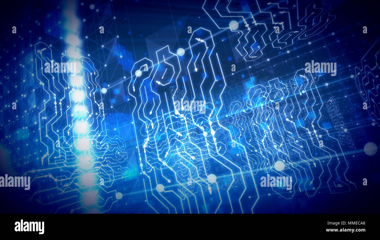 An exciting 3d illustration of a volumetric circuit board placed aslant ...