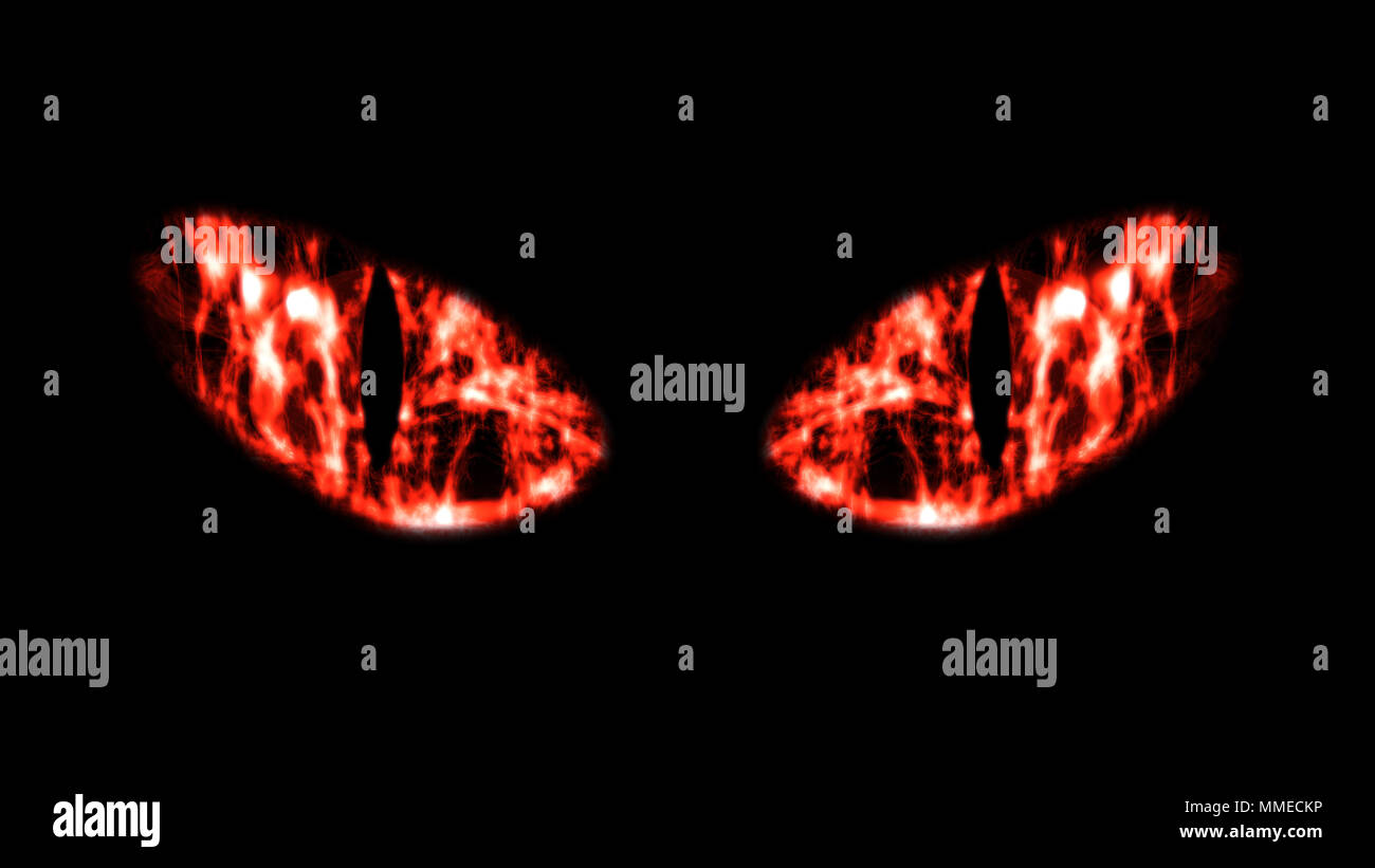A frightening 3d illustration of wide white and scarlet cat`s eyes in ...