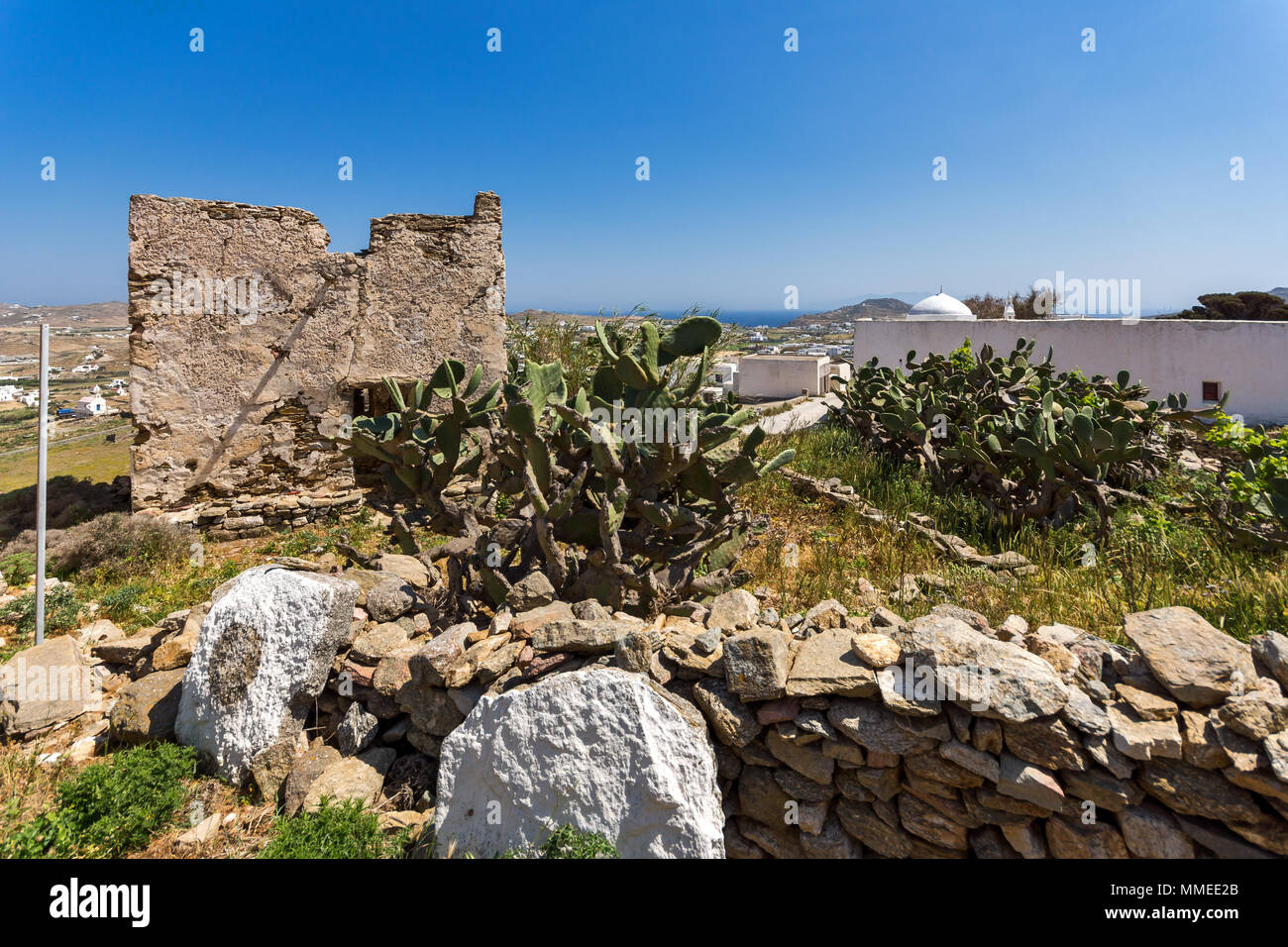 The ruins of a medieval fortress, Mykonos island, Cyclades, Greece ...