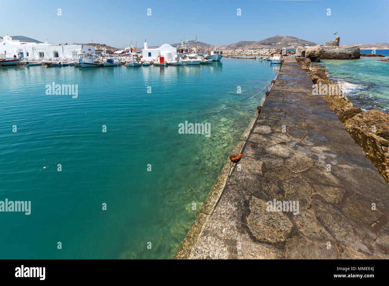 Venetian fortress and small port in Naoussa town, Paros island ...