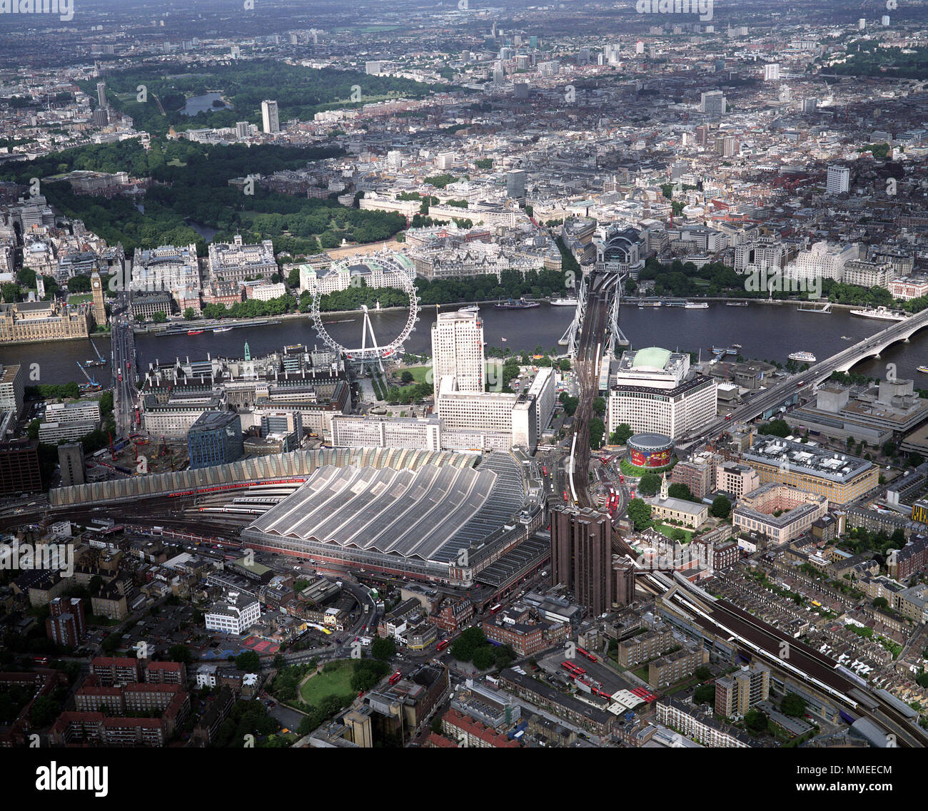 A aerial view of London showing the River Thames, Waterloo Station, the ...