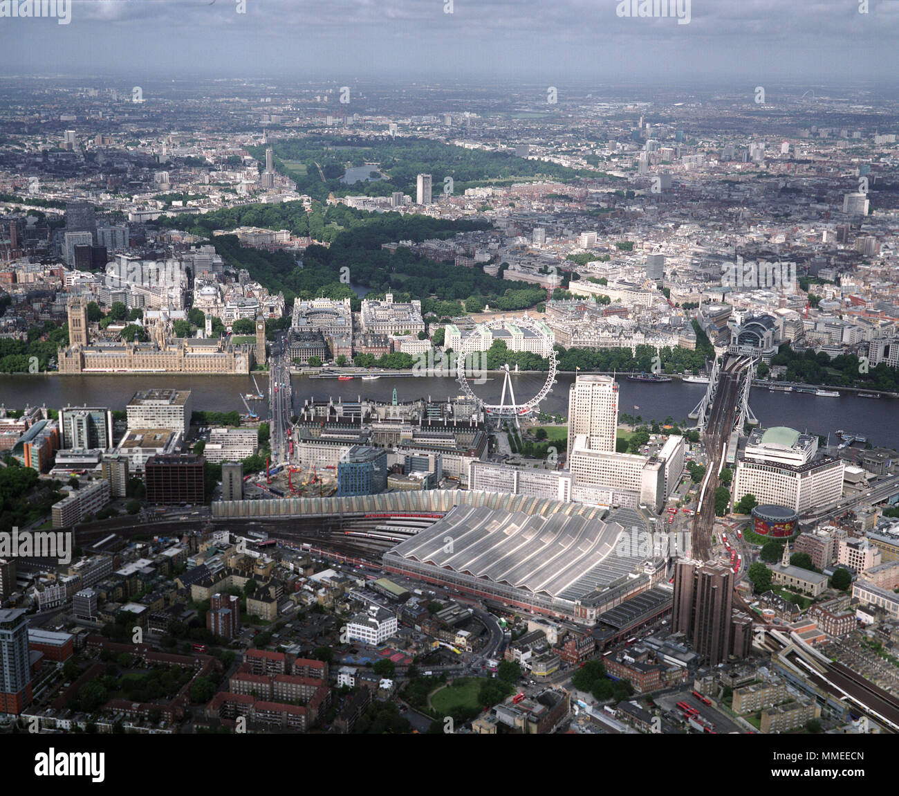 A aerial view of London showing the River Thames, Waterloo Station, the ...