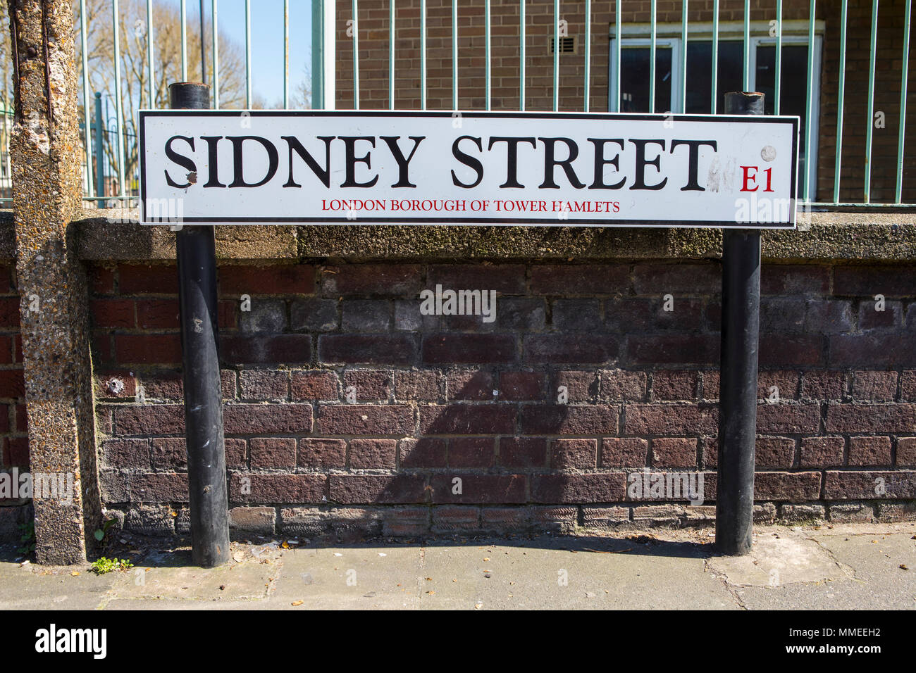 A street sign for Sidney Street in the East End of London, UK. The ...