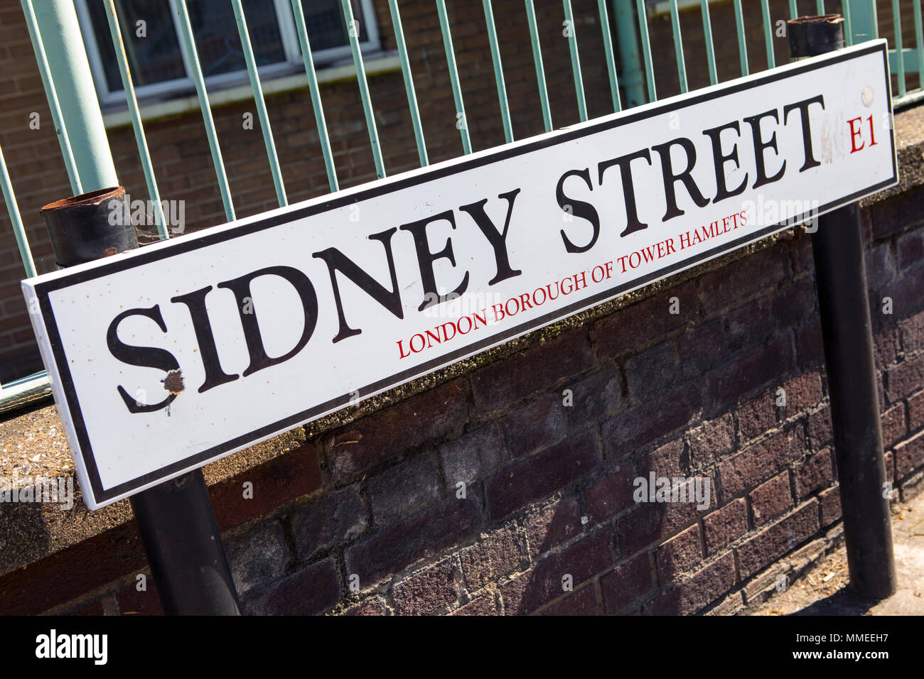 A street sign for Sidney Street in the East End of London, UK. The ...