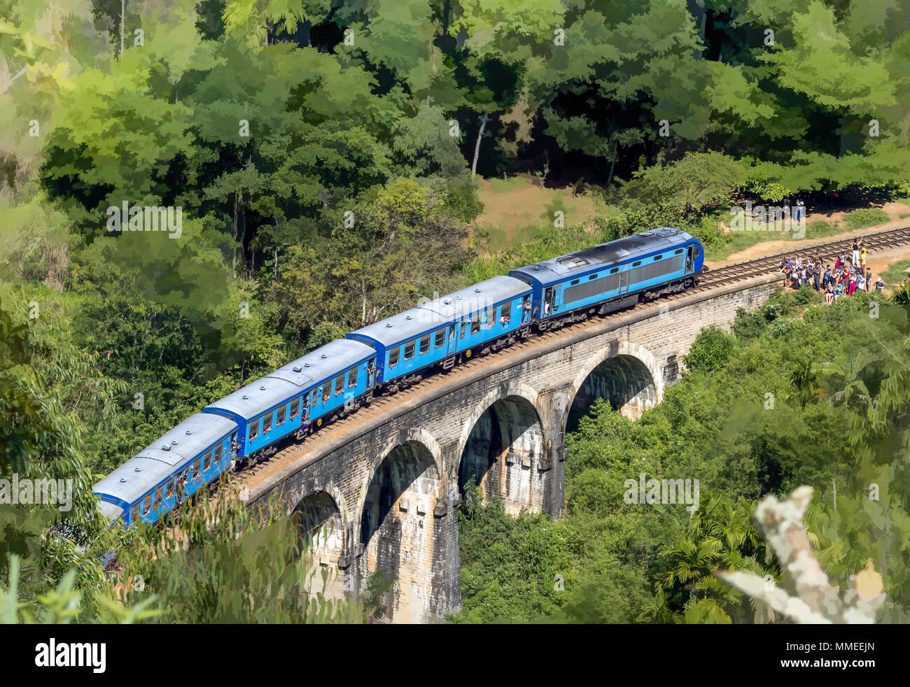 Blue train on 9 Arch Bridge Stock Photo - Alamy