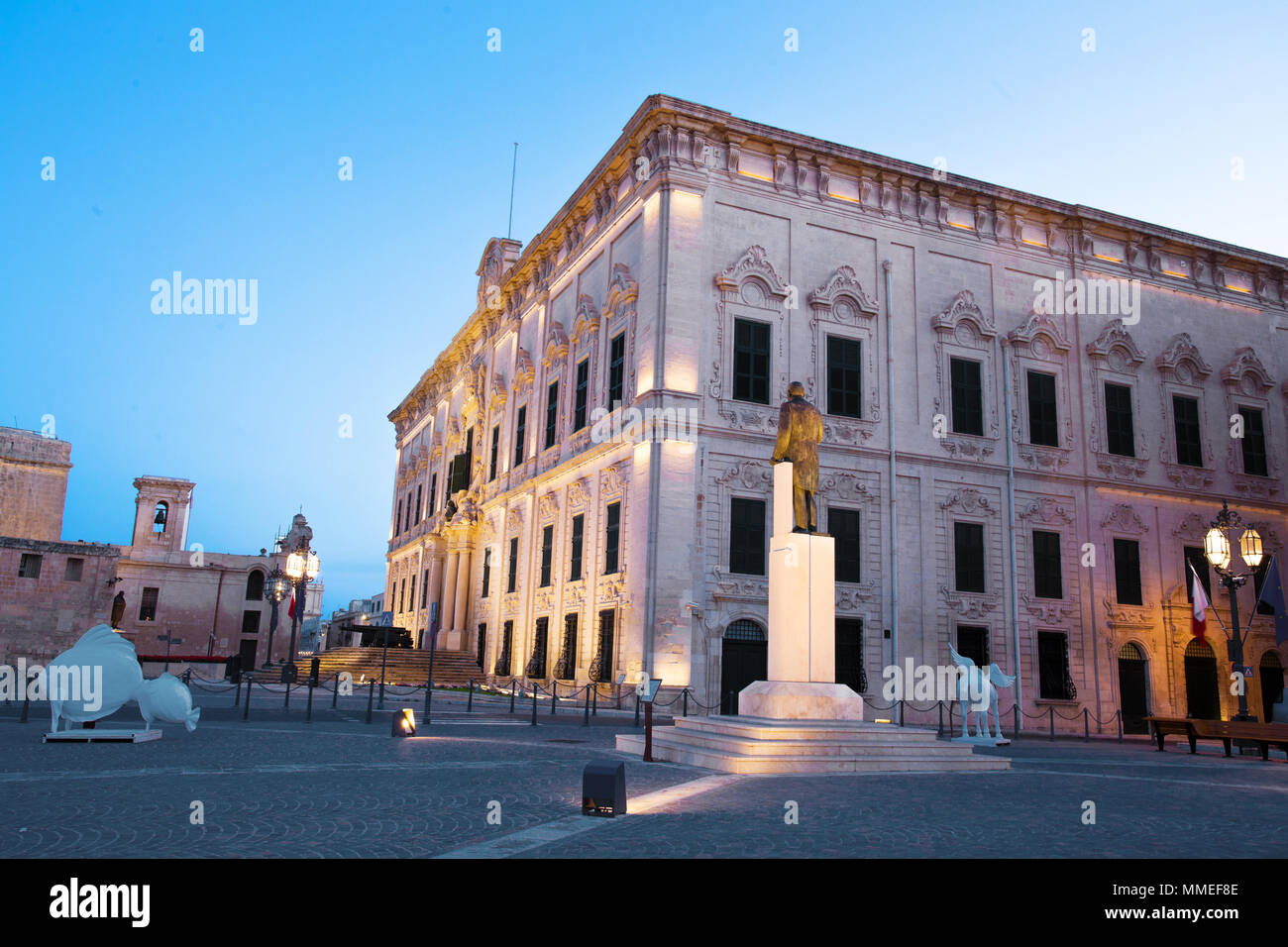 Castille place with Borg statue Valletta at morning, Malta Stock Photo ...