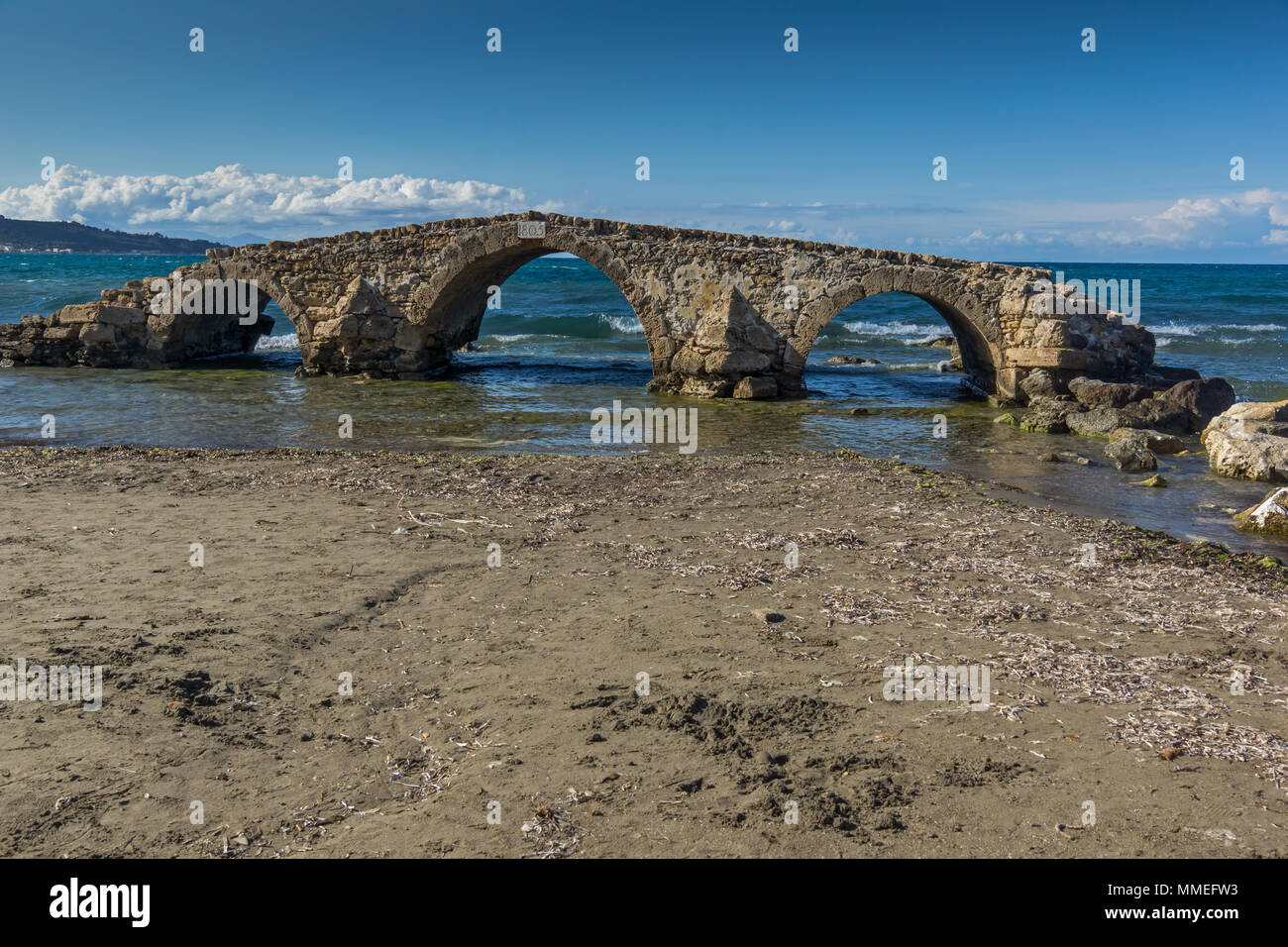 Seascape with medieval bridge in the water at Argassi beach, Zakynthos ...