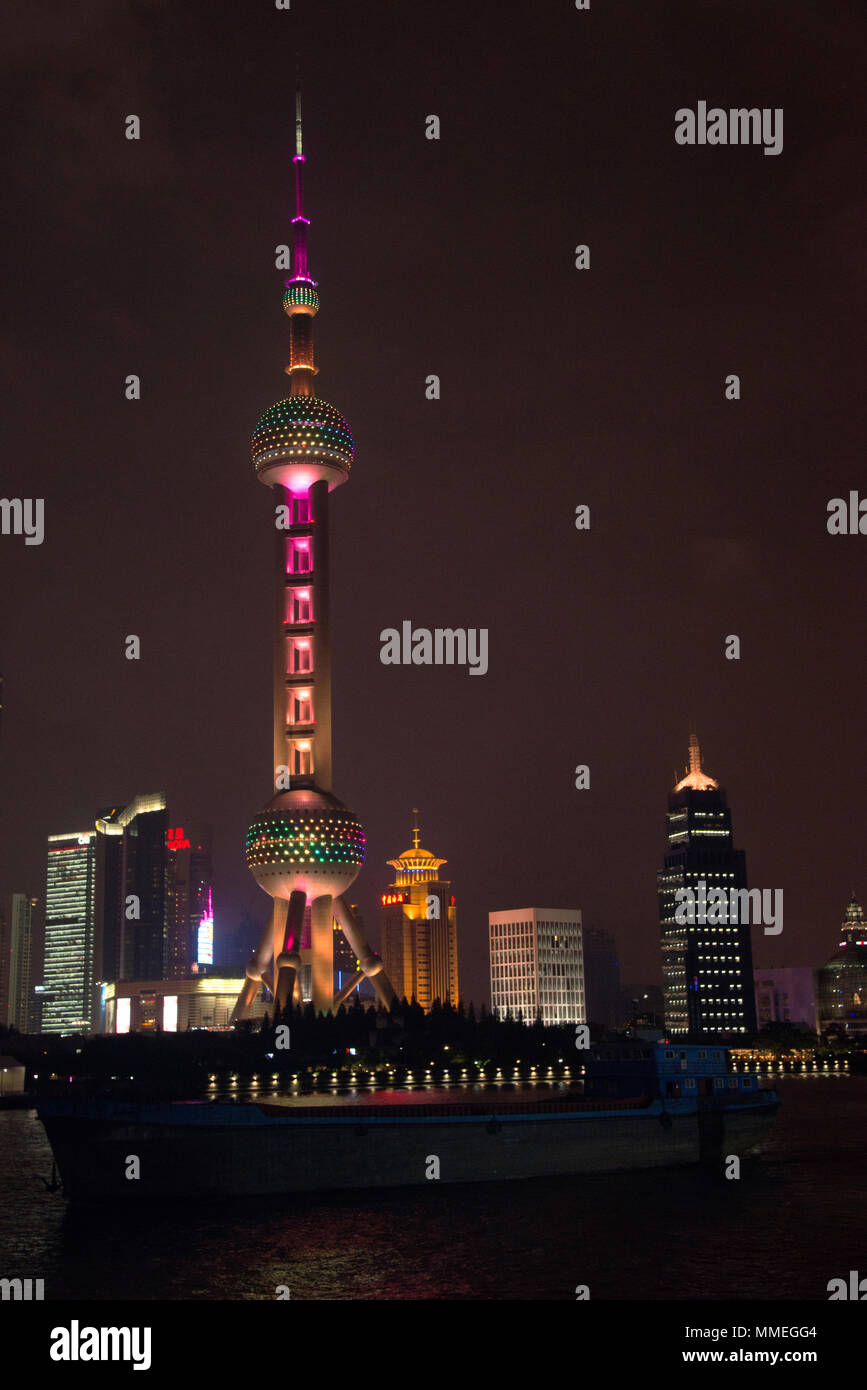 The vibrant city of Shanghai at night taken from a river boat Stock ...