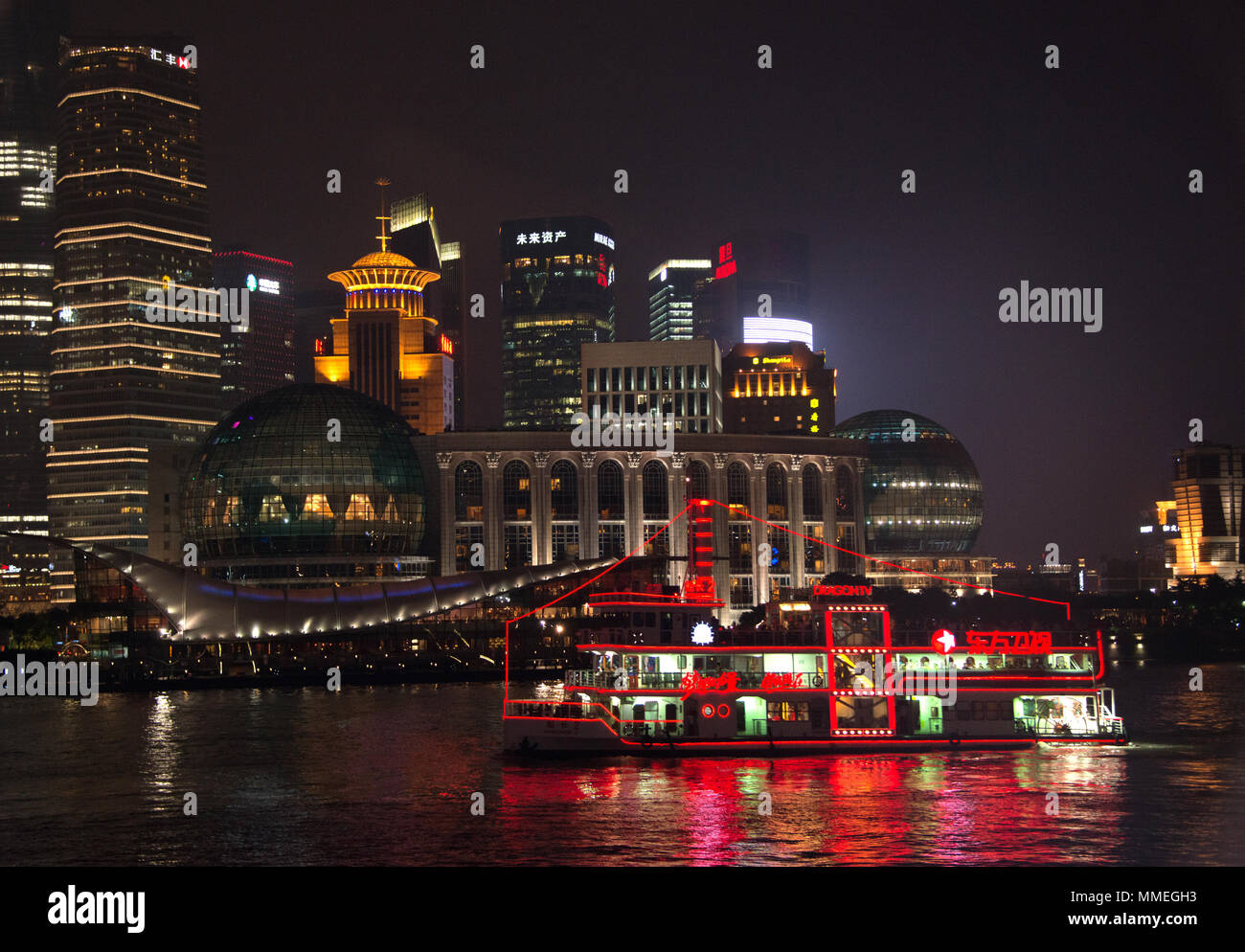 The vibrant city of Shanghai at night taken from a river boat Stock ...