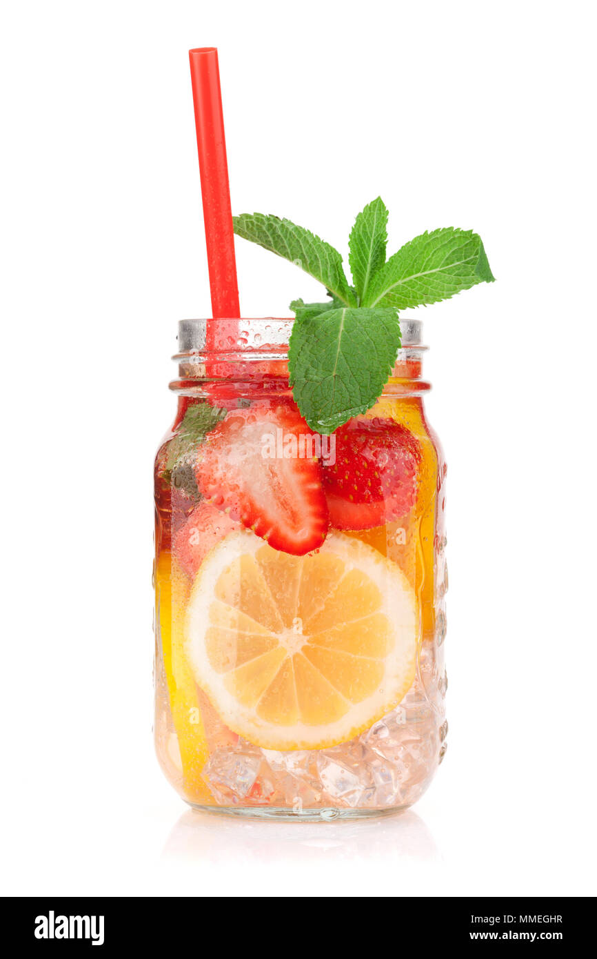 Fresh lemonade jar with summer fruits and berries. Isolated on white ...