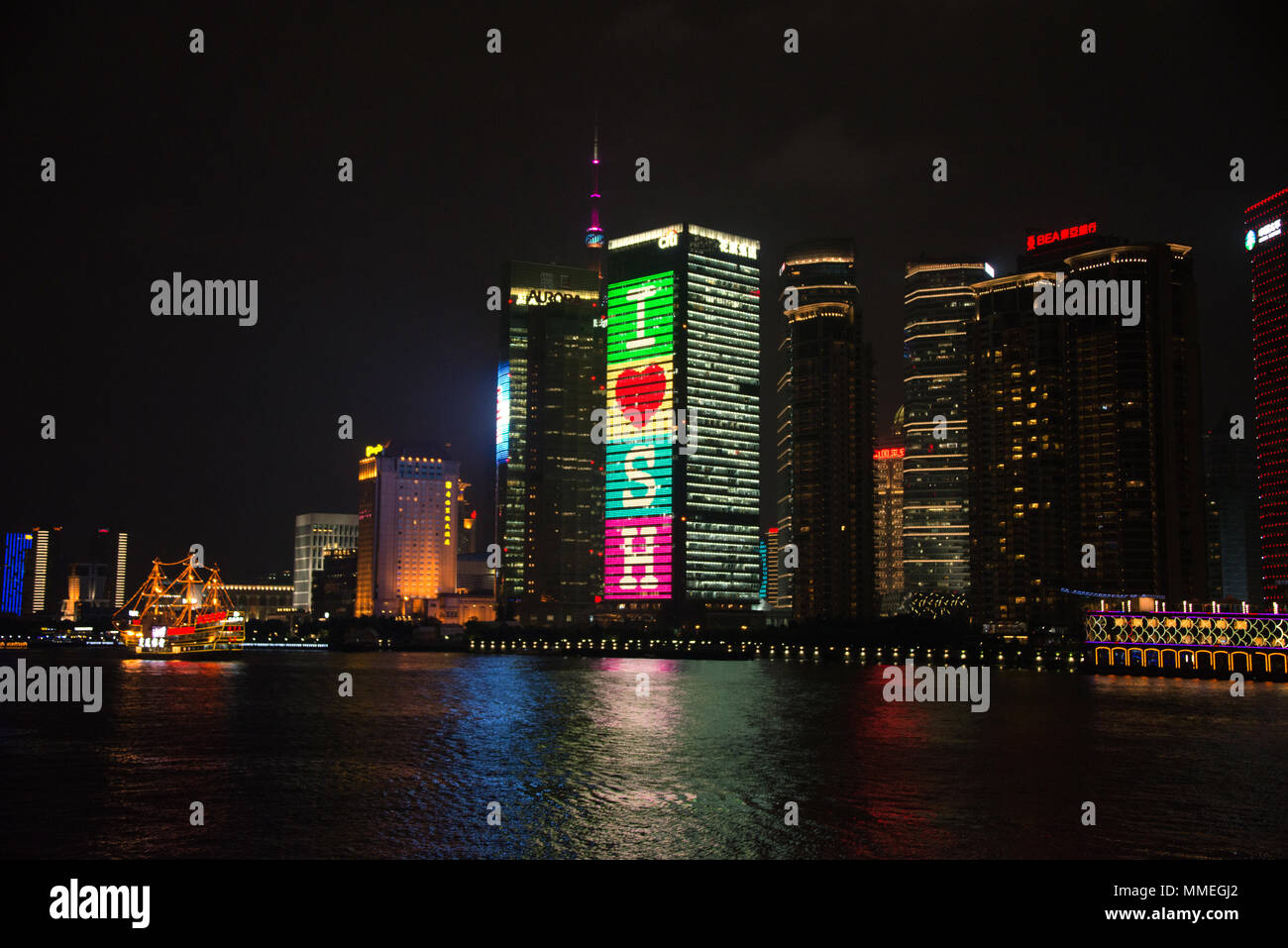 The vibrant city of Shanghai at night taken from a river boat Stock ...