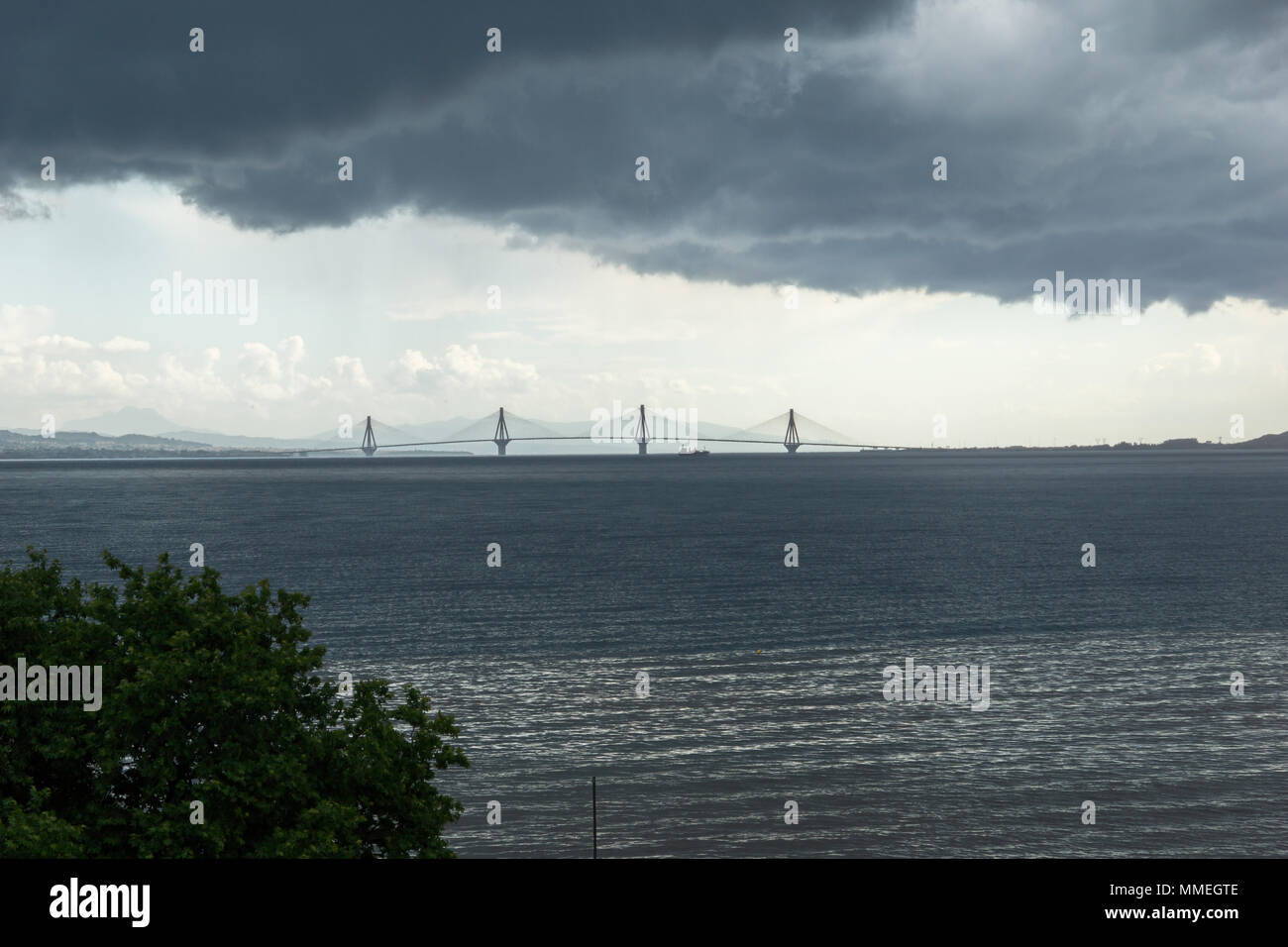 Panorama of The cable bridge between Rio and Antirrio from Nafpaktos ...