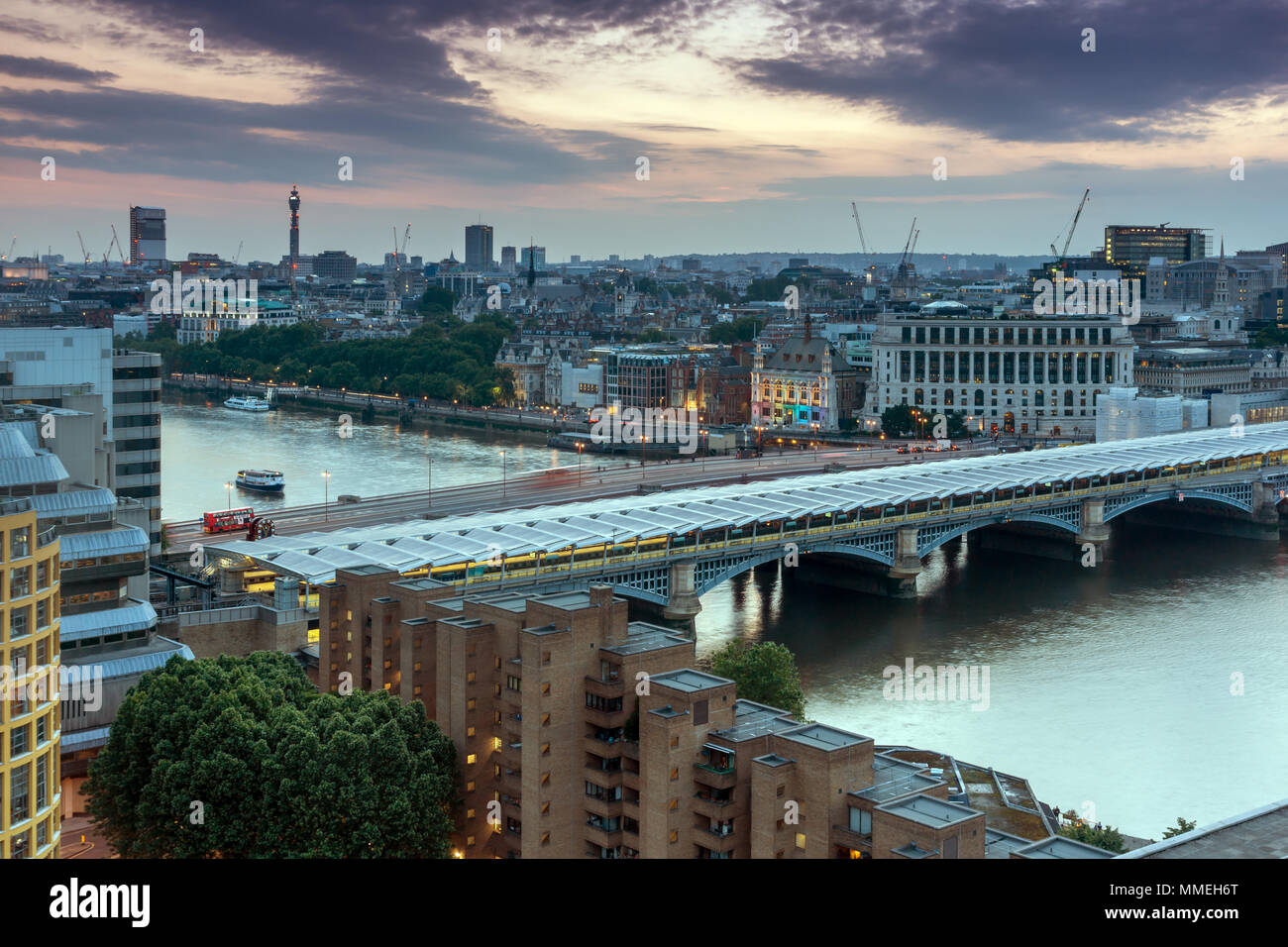 Sunset skyline of city of London and Blackfriars Bridge, England, Great ...