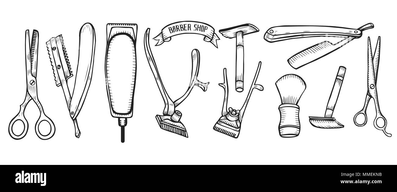 Vector barbershop vintage collection. Barber Stylist Tools set, Hand ...