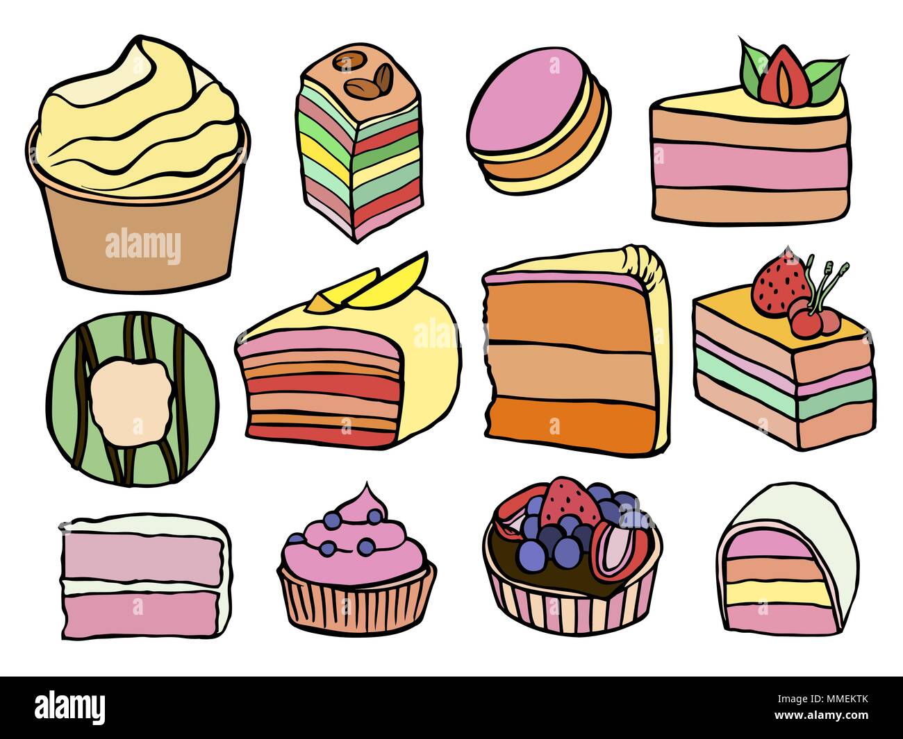 Desserts and sweets sketch color isolated on white background. Hand ...