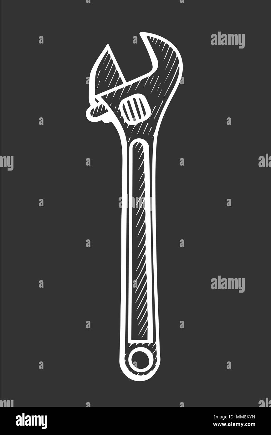 Hand drawn adjustable spanner vector engraving. Doodle drawing. Vector ...