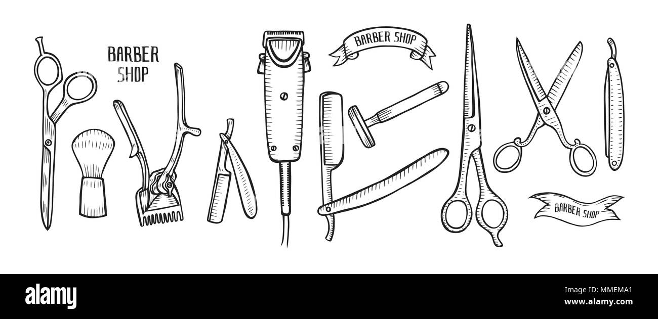 Vector barbershop vintage collection. Barber Stylist Tools set, Hand ...