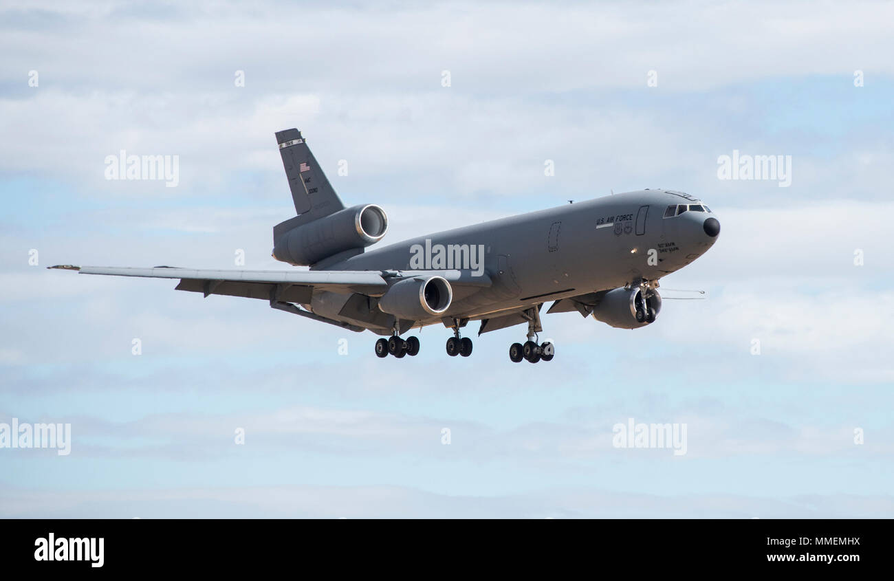 A KC-10 Extender aircraft prepares to land at Travis Air Force Base ...