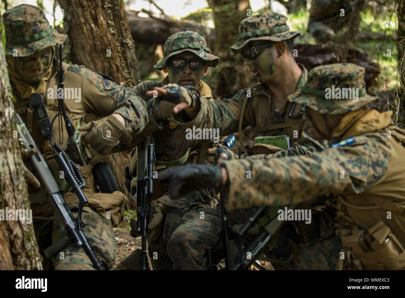 U.S. Marines with 1st Light Armored Reconnaissance Battalion, 1st Marine Division, point to a ...
