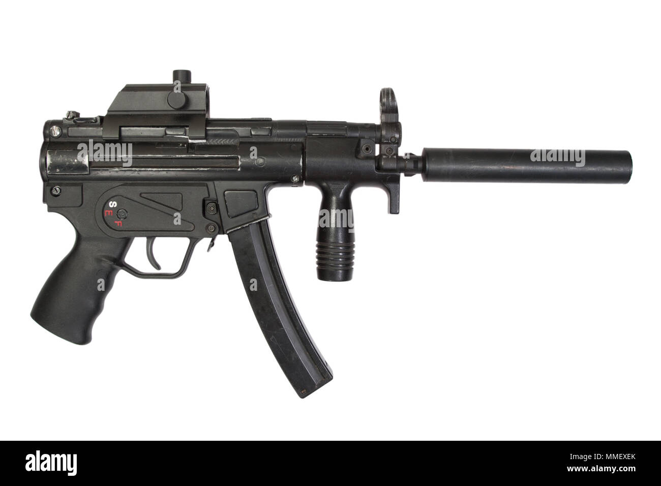 9mm submachine gun with silencer isolated on a white background Stock ...