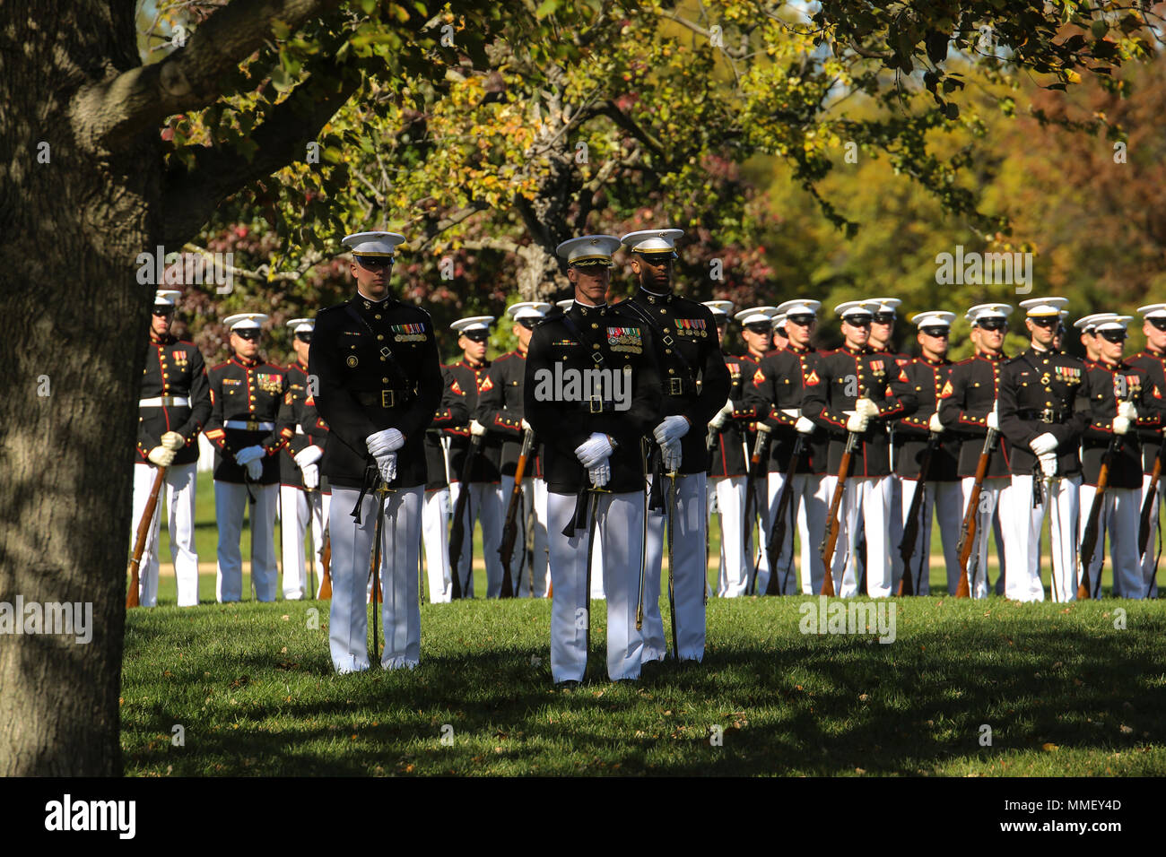 A Marine Barracks Washington D.C. funeral support element stands at a ...