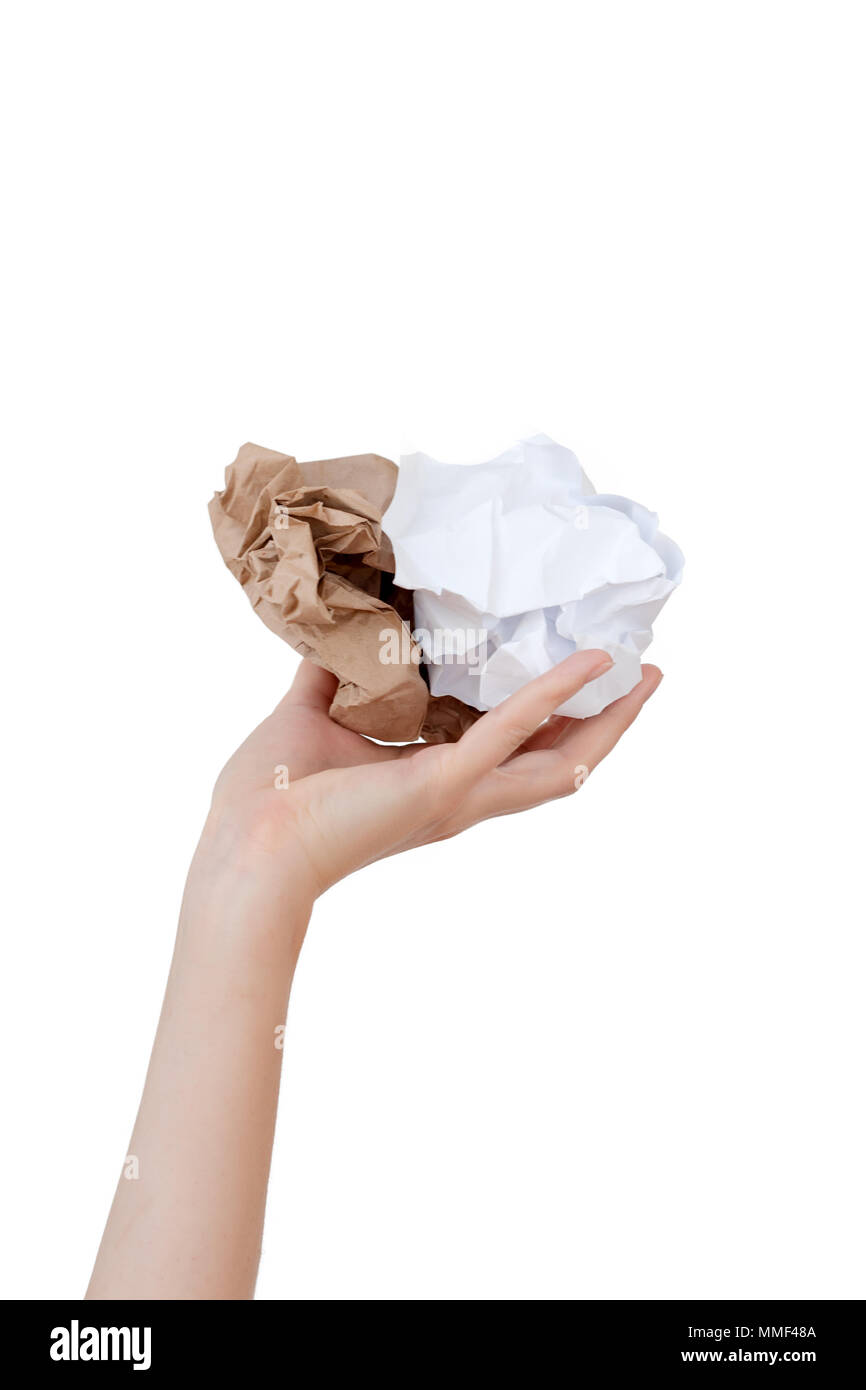 Hands holding crumpled paper isolated on white background. Recycling ...