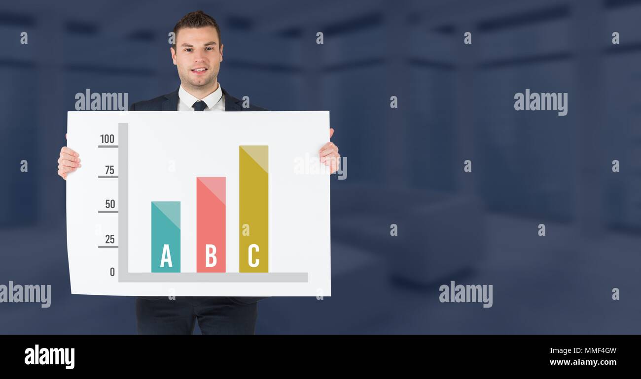 Statistic bar charts and man holding card Stock Photo - Alamy