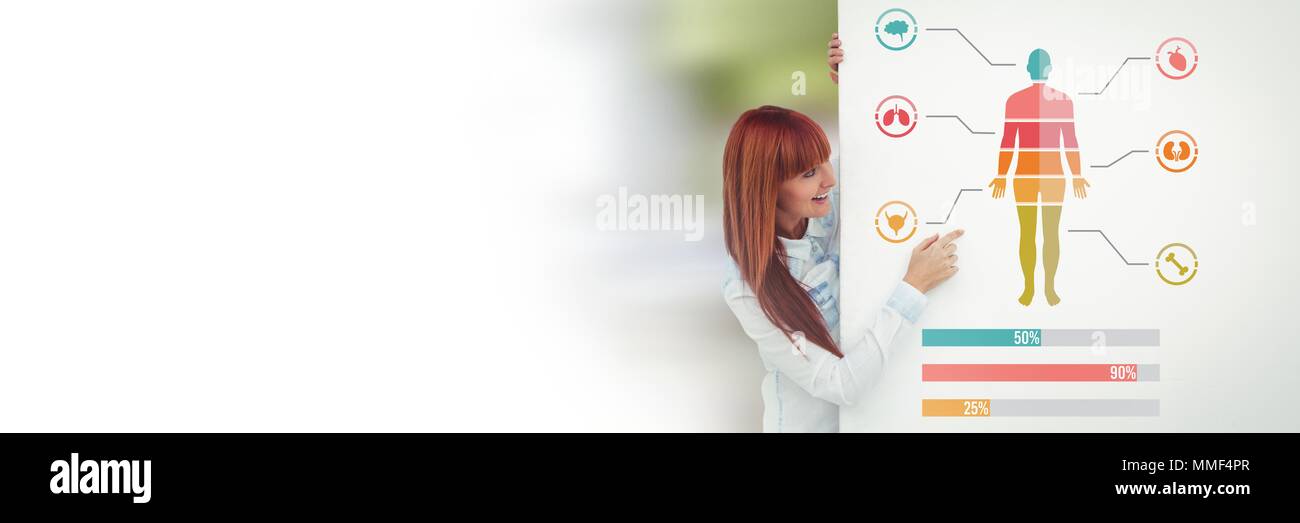 Human body chart and statistic bar charts with woman holding card and ...