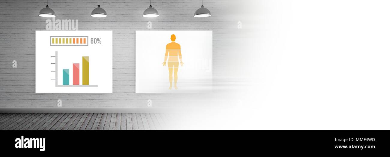 Educational human body statistical charts on wall and blank transition ...