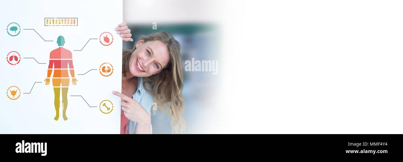 Human Body Chart and woman holding card and blank transition Stock ...