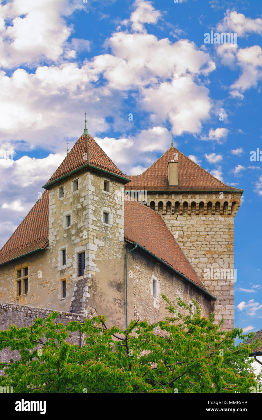 France, Annecy - May 01, 2018: Detail of a tall tower of the castle of ...