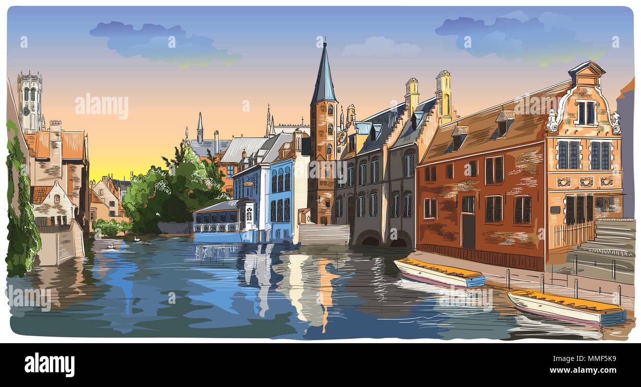 View on Rozenhoedkaai water canal in Bruges, Belgium. Landmark of ...