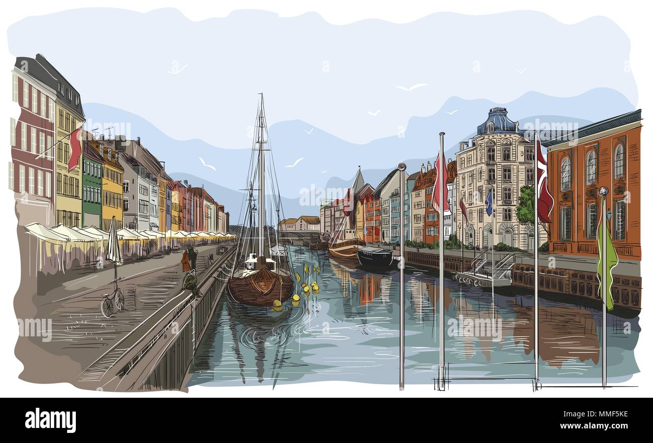 Pier in Copenhagen, Denmark. Landmark of Denmark. Vector colorful hand ...