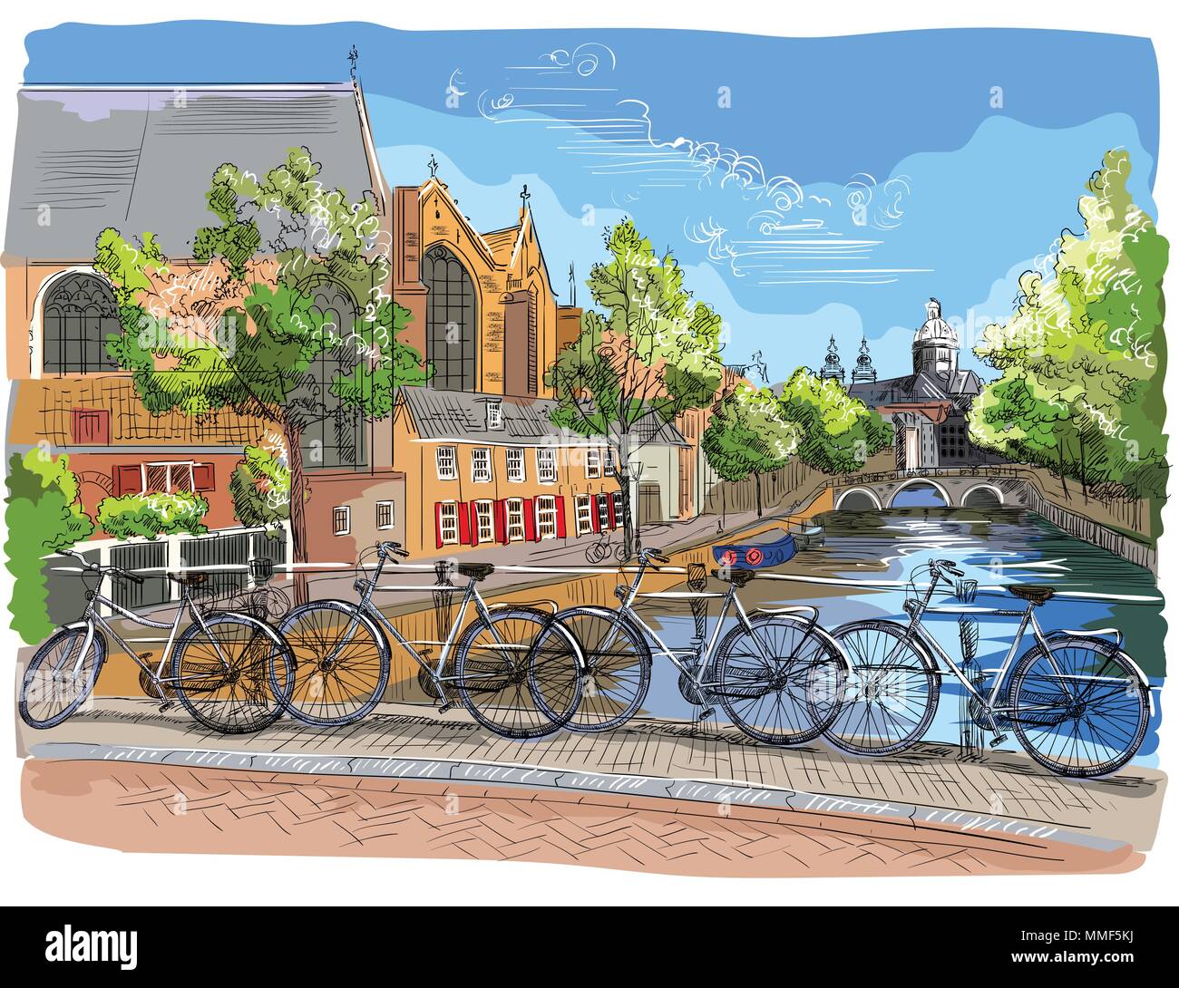 Bicycles on bridge over the canals of Amsterdam, Netherlands. Landmark ...