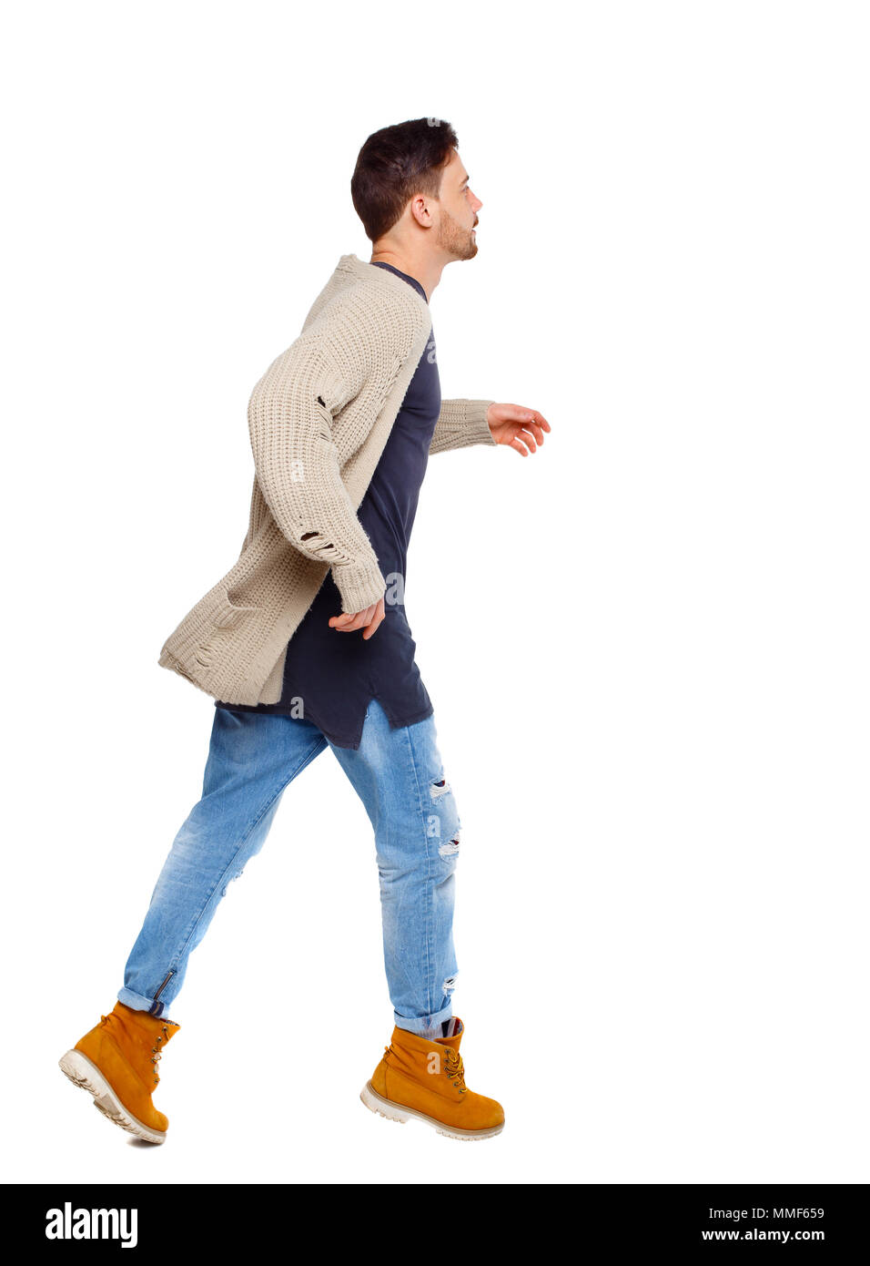 Side view of a running man in sweater. backside view of person. Rear ...